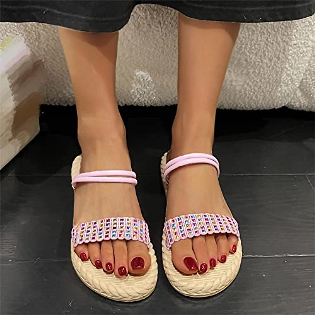 House Slippers for Women Comfy Open Toe House Shoes Indoor Outdoor Summer Casual Beach Boho Slippers (Pink, 6.5)