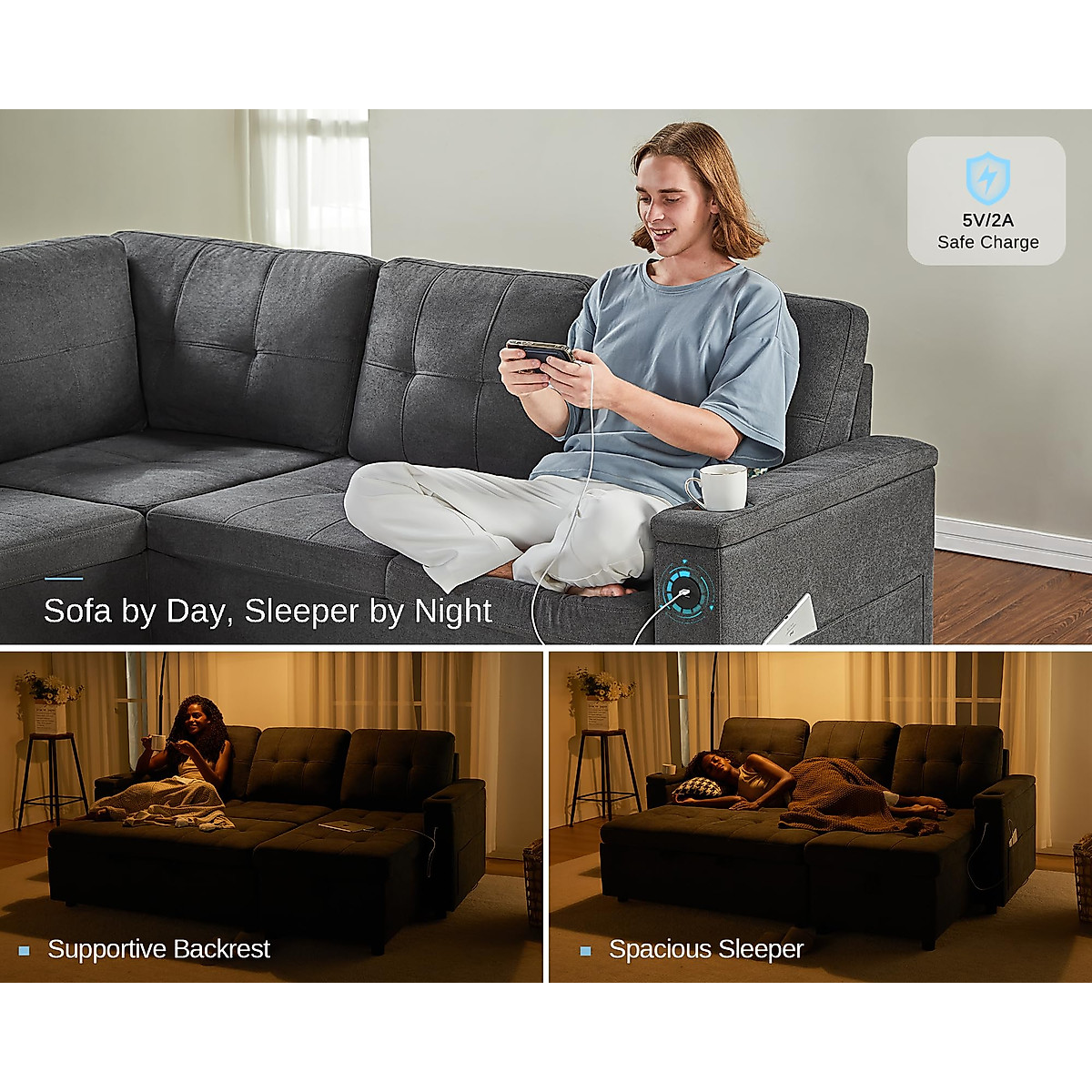 PaPaJet Sleeper Sofa Bed, 110 Inch Oversized Sofa with 2 USB Charging Ports & Cup Holders, U Shaped Pull Out Couch with Storage Chaise & 3 Seater- Dark Grey