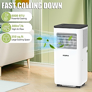 POOPLE 8,000 BTU Portable Air Conditioners, Portable AC for Room up to 350 Sq. Ft, 5-in-1 Portable AC Unit with LED Display/Remote Control/Window Installation Kit/24Hrs Timer, White