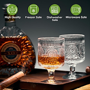 6 Packs Vintage Goblet Glasses, 8 oz Wine Glasses, Embossed Floral Glass Cups Set, Clear Drink Glasses, Drinking Goblets, Bar Tumbler Glassware for Iced Tea, Wine, Beer, Juice, Cocktail, Whiskey