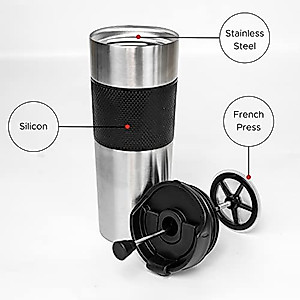 French Press Mug for Travel, Stainless Steel Travel Coffee and Tea Press, Hot or Cold Brew, Ideal Personal Mug for Travel, Car, Office, Camping, 15oz (Metallic Gray)