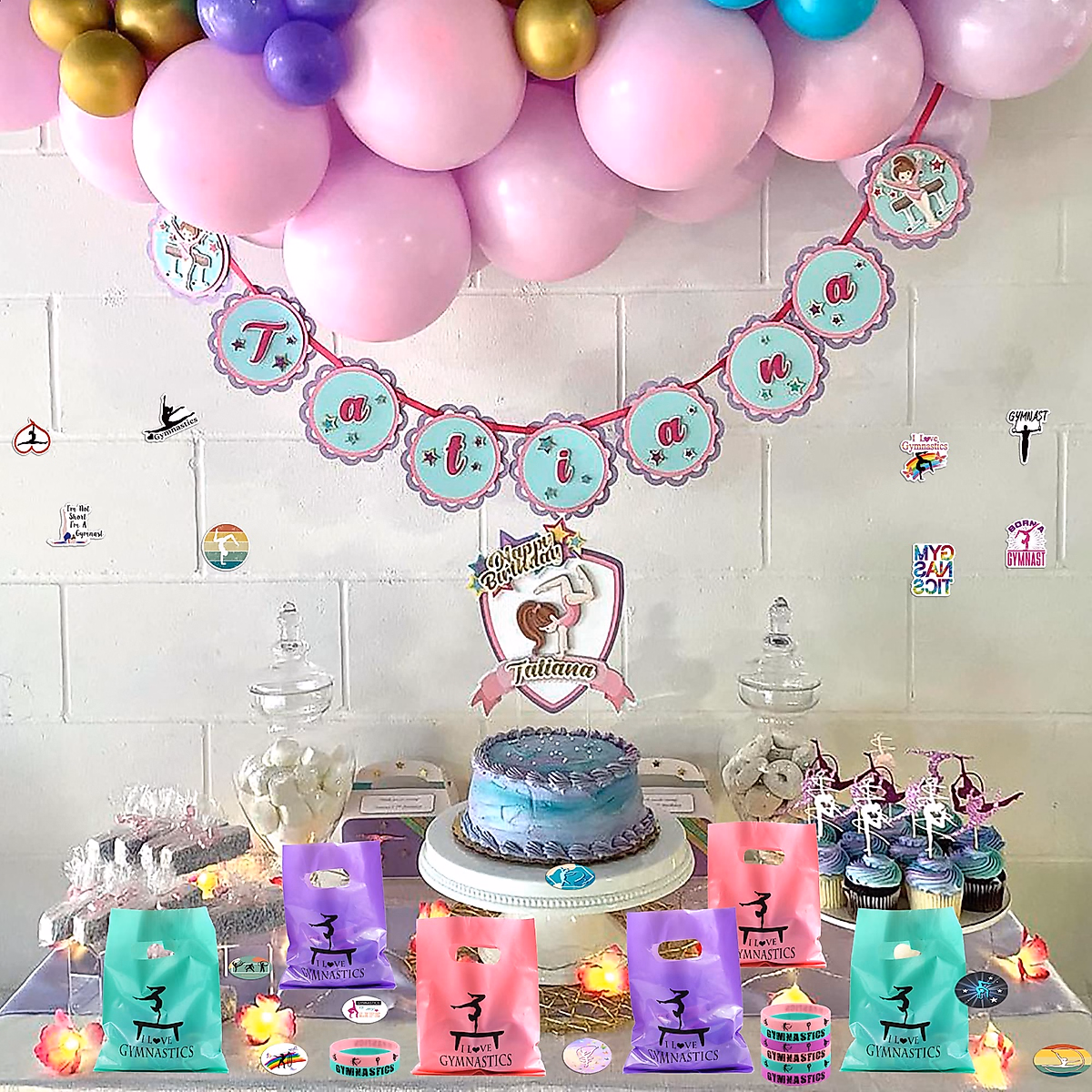 BANBALLON 98 Gymnastics Party Favors, Gymnastics Keychain Goodie Bags with Rubber Bracelets, Button Pins, Bags and Stickers for Gymnastics Theme Birthday Party Supplies Baby Shower Holiday