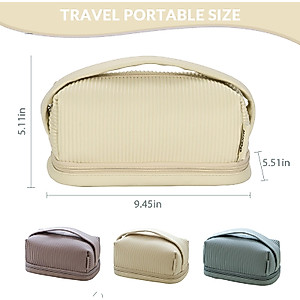 BAKLUCK Travel Makeup Bag Double Layer Large Capacity Makeup bag for Women, Cream PU Leather Toast Makeup Bag with Makeup Brush Compartment, Makeup Bag for Girls Travel Portable Beige Makeup Bag