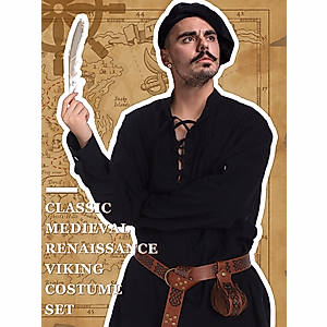 Panitay 4 Pcs Halloween Men's Medieval Costume Set Renaissance Pirate Shirt Pants Viking Belt Retro Pouch Outfit for Cosplay(X-Large,Black, Dark Brown, Brown)