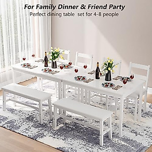 Dining Table Set for 4, 4 Piece Kitchen Table with Chairs and Bench, Wood Rectangular Dining Table Set with 2 PU Leather Chair and Bench for Small Spaces, Apartment, Breakfast, Living Room (White)