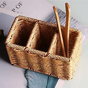 Kitchen Utensil Holder for Countertop Wicker Utensil Caddy Cutlery Holder Silverware Caddy Natural Woven Flatware Caddy with 3 Compartment for Hold Forks,Knives,Spoons,Napkins,Indoor or Outdoor,Brown