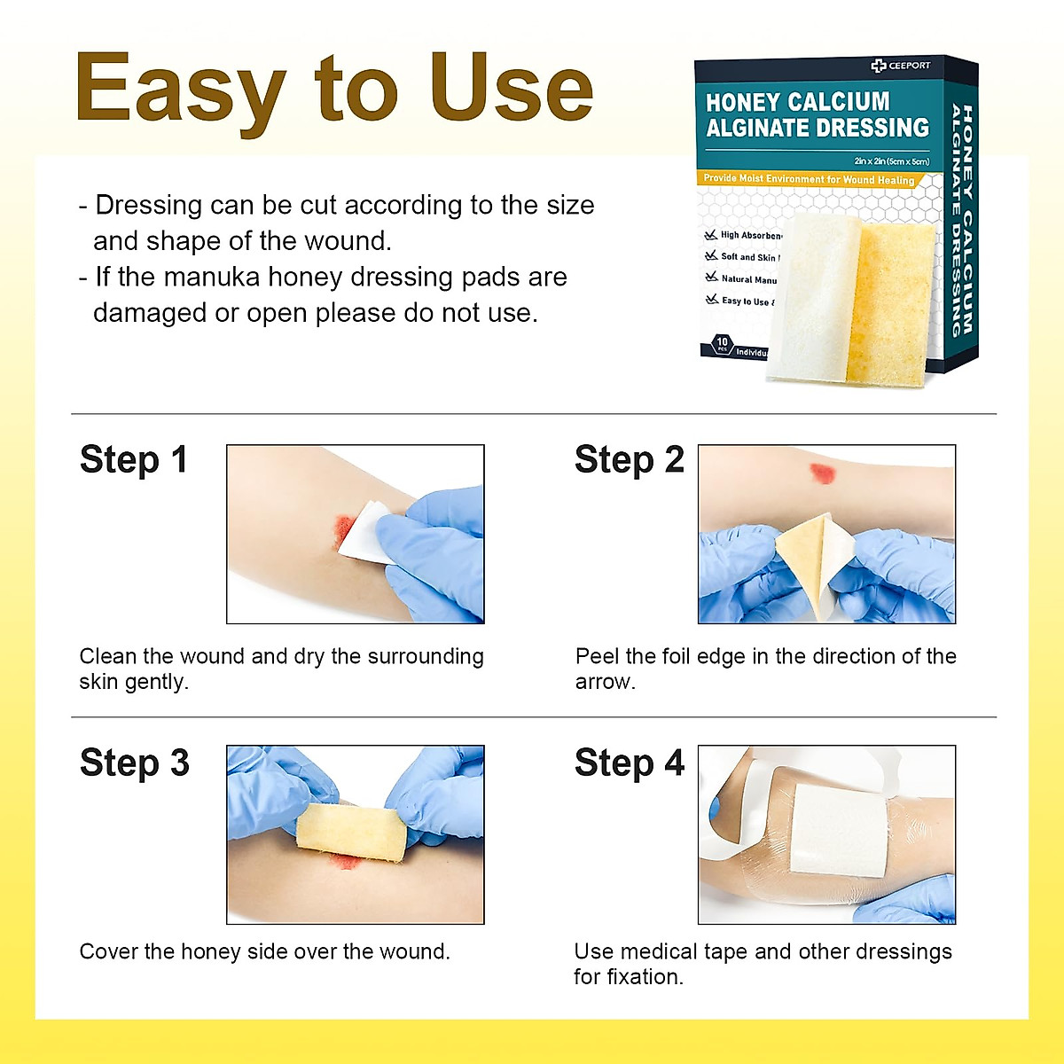 Ceeport Manuka Honey Calcium Alginate Wound Dressing, 2"x 2" High Absorbency Honey Wound Dressing with Calcium Alginate, Medical Grade Manuka Honey Wound Care Bandages Patches for Wounds(Pack of 10)