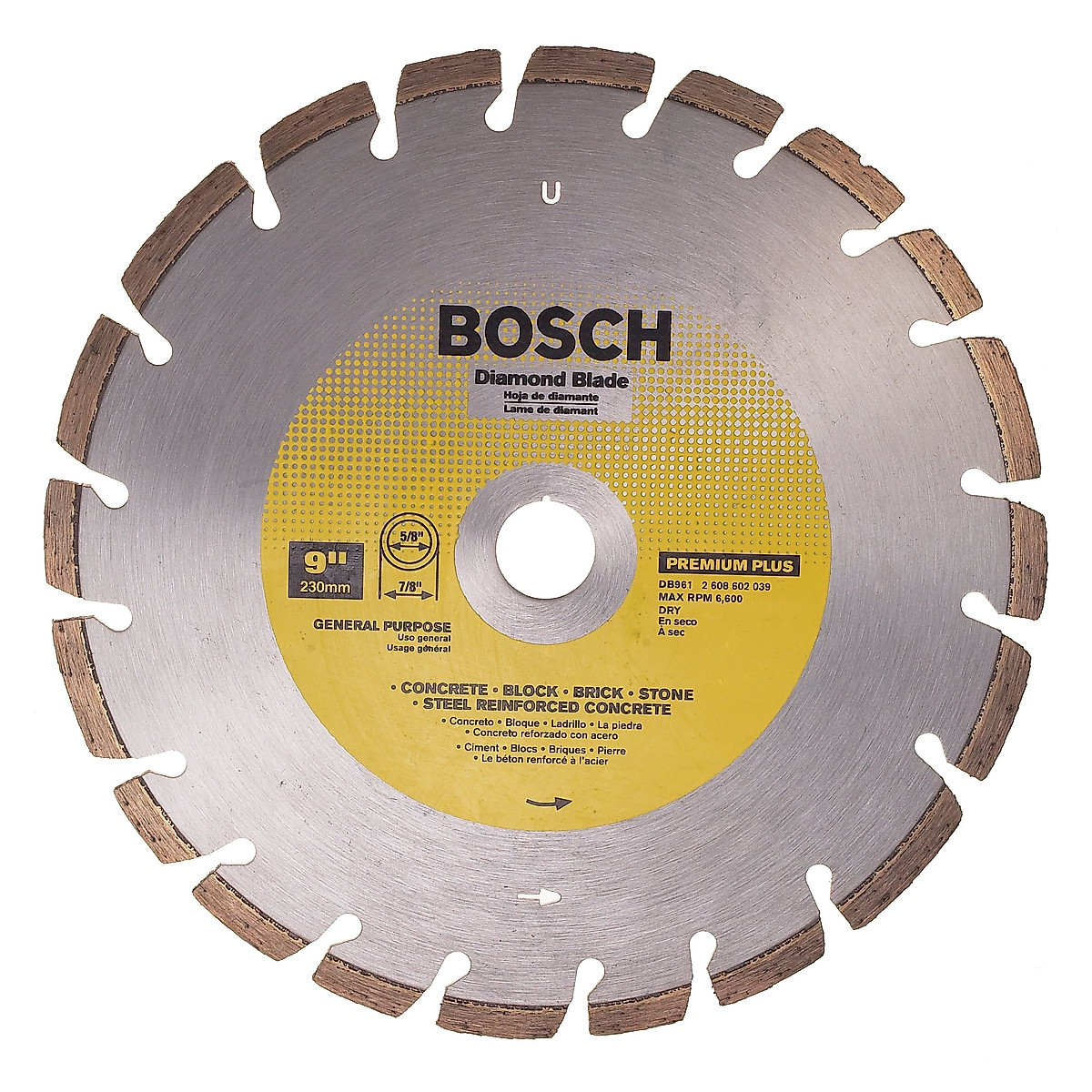 Bosch DB961 Premium Plus 9-Inch Dry Cutting Laser Fusion Segmented Diamond Saw Blade with 7/8-Inch Arbor for Reinforced Concrete