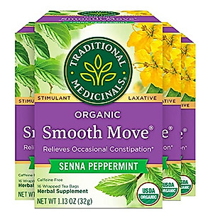 Traditional Medicinals Organic Smooth Move Senna Peppermint Herbal Tea, Relieves Occasional Constipation, (Pack of 4) - 64 Tea Bags