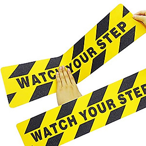 5 Pieces Watch Your Step Warning Sticker Adhesive Tape Anti Slip Abrasive Tape for Workplace Safety Wet Floor Caution, 6 by 24 Inches