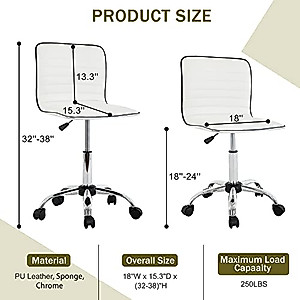 Vanity Chair Makeup Chair PU Leather Low Back Home Office Desk Chair Height Adjustable 360° Swivel Rolling Computer Chair Modern Executive Task Chair without Armrest for Vanity Makeup Room(White)