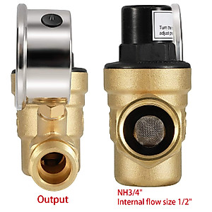 Adjustable Brass Water Pressure Regulator, with Gauge (0-160 PSI), Great for RVs and Boats and Plumbing Fixtures From High Water Pressure, Build-in Oil (NH Threads)
