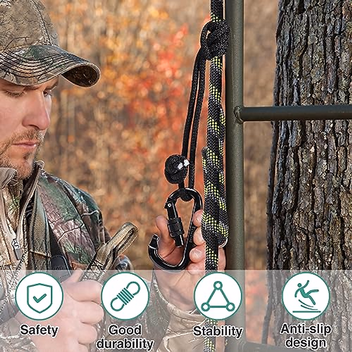 Hunter Reflective Safety Rope for Tree Stand 30ft 9ft - Heavy Duty 1300 Lb Rated Hunting Linemans Lifeline Rope with Adjustable Prusik Knot, Durable Tree Tether for Tree Harness