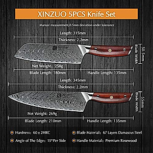 XINZUO 5-Piece Damascus Kitchen Knife Set, 67 Layer High Carbon Stainless Steel Forged Blade,Professional Chef Knife Set with Gift Box,Razor Sharp,Rosewood Handle - Yi Series