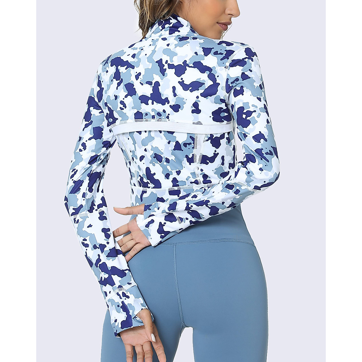 GYM RAINBOW Women's Cropped Full Zip Athletic Jackets Lightweight Slim Fit Workout Jacket with Thumb Holes(#6 Blue And White Camo,Medium)