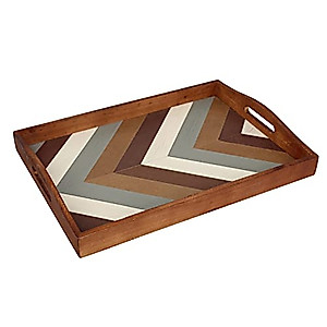 Wood Serving Tray Rectangular - Rustic Brown Multicolored Chevron Design Fir Wood Serving Decorative Coffee Table Tray with Handles Size 16.6 x 12 x 1.5 Inch