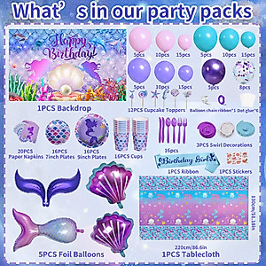 Freechase Mermaid Birthday Party Decorations - 345PCS Mermaid Birthday Theme Party Supplies Balloon Garland Kit, Happy Birthday Party Supplies with Dinnerware Banner Set for Boys Girl Kids -16 Guest