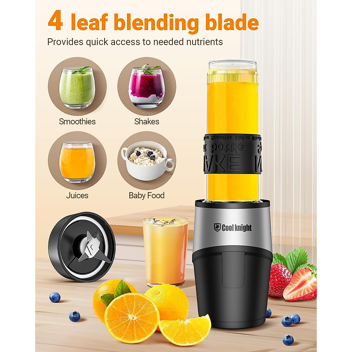 COOL KNIGHT Personal Blender, 500W Portable Blender for Shakes and Smoothies, 10 Pieces Personal Smoothie Blender Set, With 2 * 20 oz Travel Mugs, Carrier Bag, Cooler Stick and Lemon Juicer.BPA Free