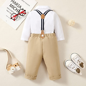 PURSKYY Baby Boy Dress Clothes 3-6 Months, Newborn Gentleman Outfit, Long Sleeves Shirt+ Bowtie+ Khaki Suspenders Pants, Fall Winter Infant Wedding Suit Set