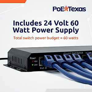PoE Texas 8 Port Passive PoE Switch - 24v Passive Unmanaged Network Gigabit PoE Switch w/ 1 Uplink Port, Power 7 Devices, Includes 24 Volt 60 Watt Power Supply, for Ubiquiti & Mikrotik Devices