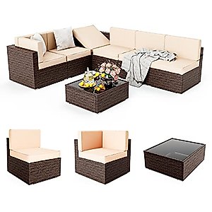 Pamapic Outdoor Sectional Furniture for 6,Wicker Patio Furniture,All-Weather Brown PE Rattan Sectional Sofa, Conversation Set with Suntan Washable Cushions Covers and Coffee Table for Garden