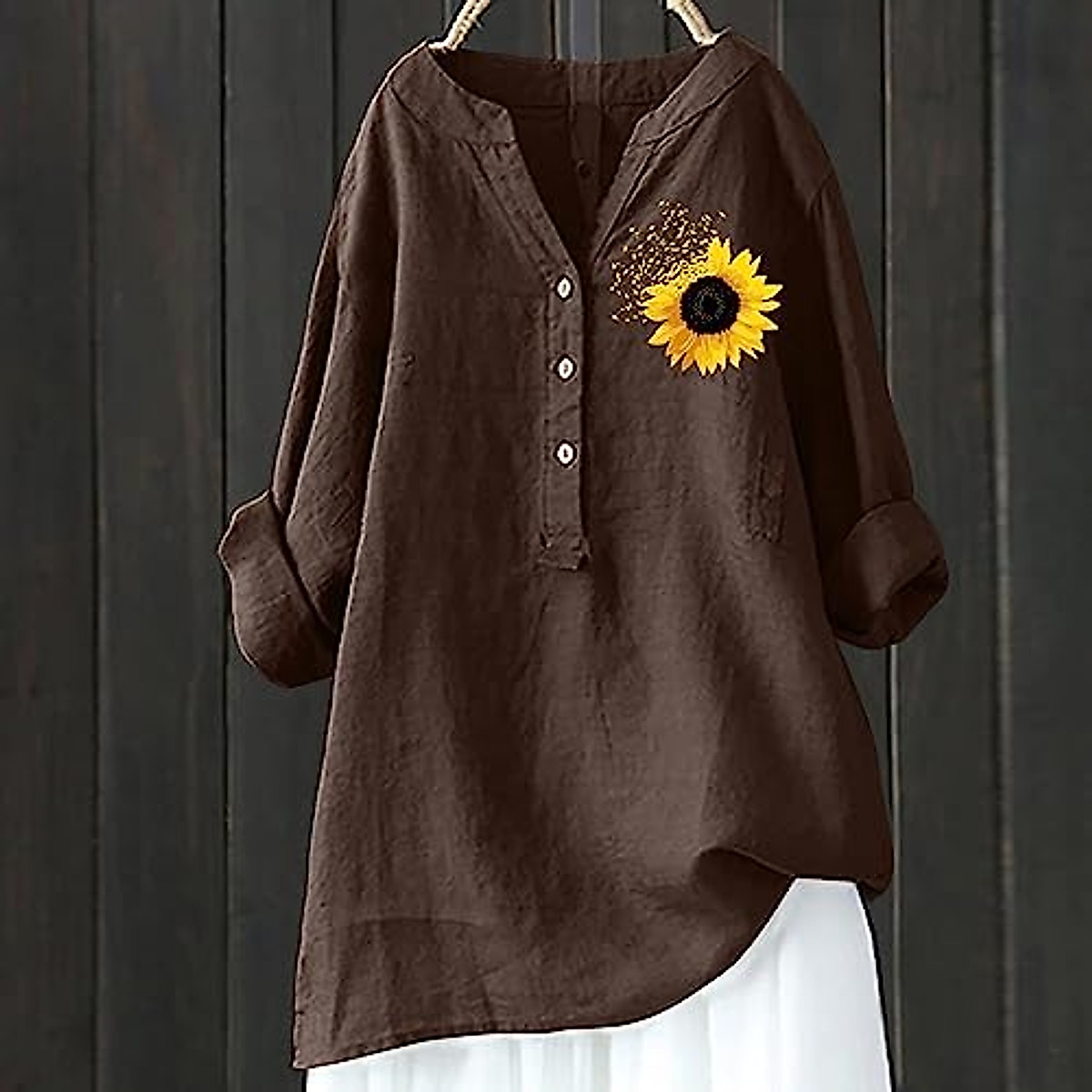 Deals todaywoman Shirt Womens Cotton Linen Shirts Blouse Plus Size Dress Tops Flower Graphic Long Sleeve Tops Hide Belly Shirts Coffee XL