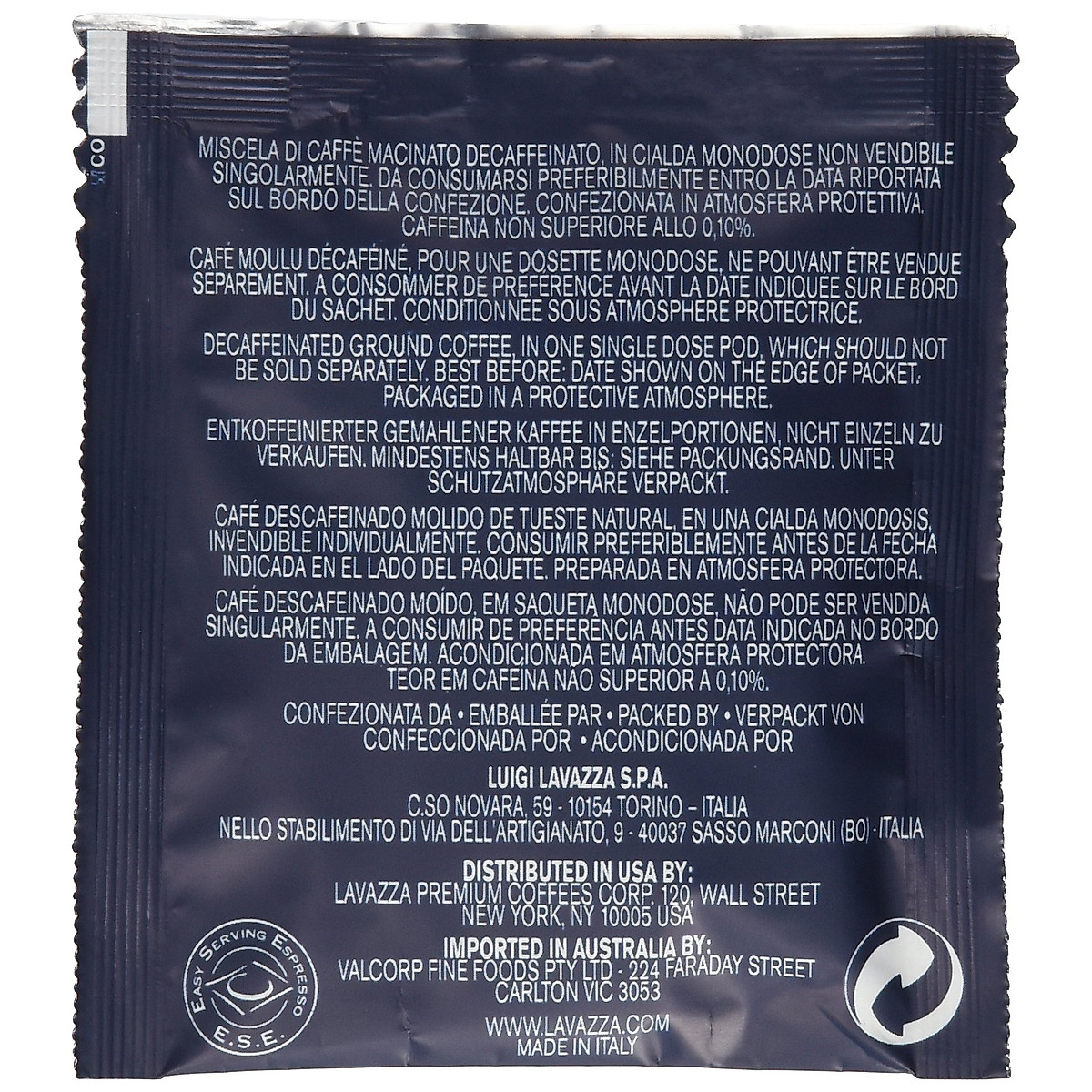 40 Lavazza Dek Decaf Espresso Pods in Bulk Packaging