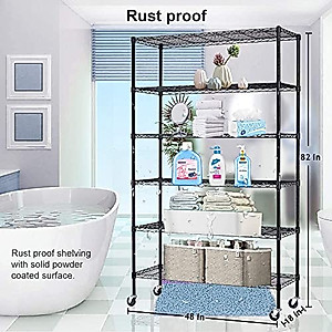 Storage Shelves Heavy Duty 6 Tier Wire Shelving Unit with Wheels Adjustable Metal Wire Shelf 48" L×18" W×82" H Standing Garage Shelves 2100 Lbs Weight Capacity Multifunctional Home Storage Rack, Black