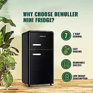 DEMULLER 3.5 Cu.ft Retro Mini Fridge with Freezer Dual Doors & Handles Compact Refrigerator with 7 Thermostat Control Freestanding Small Fridge with LED Light Kitchen Dorm Apartment Office Black