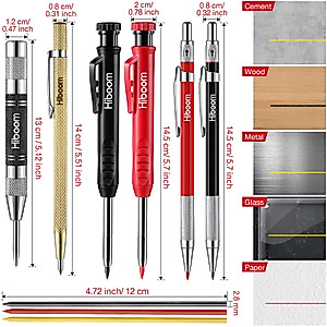 Hiboom 10 Pack Carpenter Pencil Set, 4 Colorful Solid Carpenter Pencils with Sharpener and Refills, Automatic Center Punch, Carbide Scribe Tool Kit for Construction Woodworking