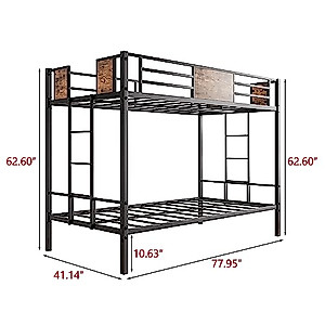 VECOCHO Metal Bunk Bed Twin Over Twin with 2- Side Ladder and Full-Length Guardrail，Space-Saving Design/No Box Spring Needed/Noise Free,Black & Vintage Brown