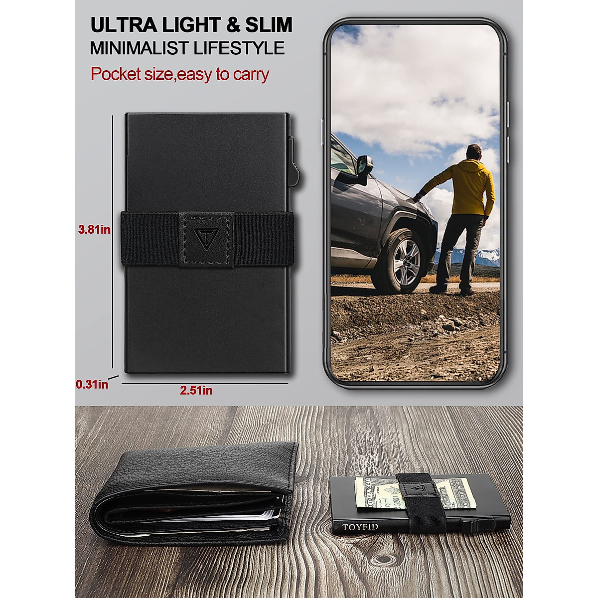 Minimalist Slim Card Holder Wallet for Men - Pop Up Credit Card Holder,Men's Slim Wallet,Metal Wallet for Mens,Credit Card Holder,Ultralight Cards Wallet,RFID Blocking Protection,Band for Cash, Black