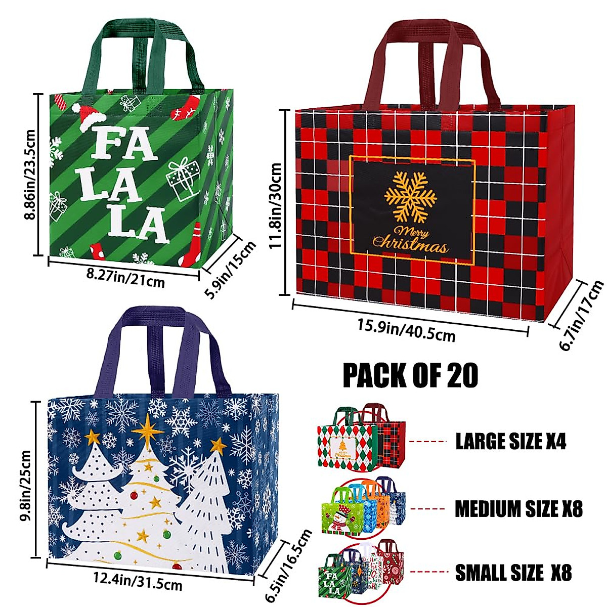 DULEFUN 20pcs Christmas Gift Bags, Reusable Christmas Tote Bags Treat Non-Woven Bags Large Medium Small Xmas Shopping Wrapping Bags for Christmas Holiday Party Favors Supplies