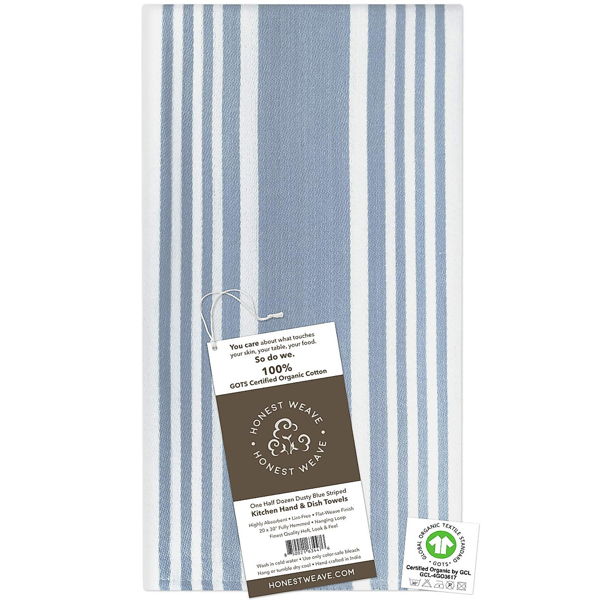 HONEST WEAVE GOTS Certified Organic Cotton Kitchen Hand and Dish Towel Sets - Oversized 20x30 inches, Fully Hemmed, in Designer Colors, 6-Pack, Dusty Blue Stripe