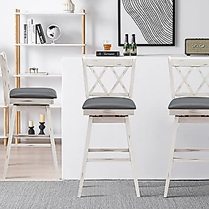 COSTWAY Bar Stool Set of 4, 360 ° Swivel Bar Height 29.5 inch Bar Stool with Foot Rest Upholstered Cushion & Ergonomic Backrest, Sturdy Frame, for Pub, Restaurant, Home (4, Antique White + Grey)
