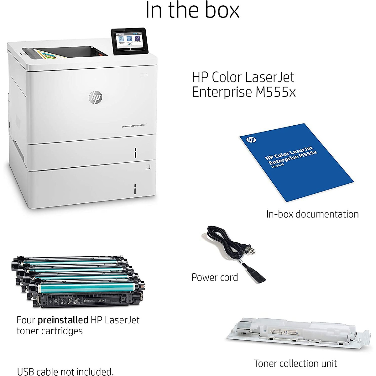 HP Color Laserjet Enterprise M555x Single-Function Wireless Laser Printer with 3 Paper Trays, White - Print only - 4.3" Touchscreen, 40 ppm, 1200 x 1200 dpi, Auto Duplex Printing, Cbmou Printer Cable