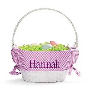 Personalized Easter Egg Basket with Handle and Custom Name | Purple Gingham Easter Basket Liners | White Basket | Woven Easter Baskets for Kids and Adults | Customized Easter Basket | Gift for Easter