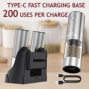 [Upgraded Larger Capacity] Electric Salt and Pepper Grinder Set with USB Charging Base, 95ml Large Capacity, Adjustable Coarseness,Stainless Steel Automatic Pepper Mill with One-Hand Operation, 2 Pack