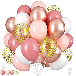 Dusty Pink Balloons, 55Pcs Blush Pink Party Balloons 12 Inch Metallic Rose Gold White Latex Balloons Retro Pink Rose Gold Balloons Gold Confetti Balloons for Birthday Party Baby Shower Bridal Shower