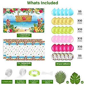 66 Pcs Hawaiian Aloha Party Decorations Luau Backdrop Tiki Banner Summer Tropical Balloon Garland Arch Kit Palm Leaves Hawaiian Theme Tablecloth for Birthday Baby Shower Tropical Beach Party Supplies