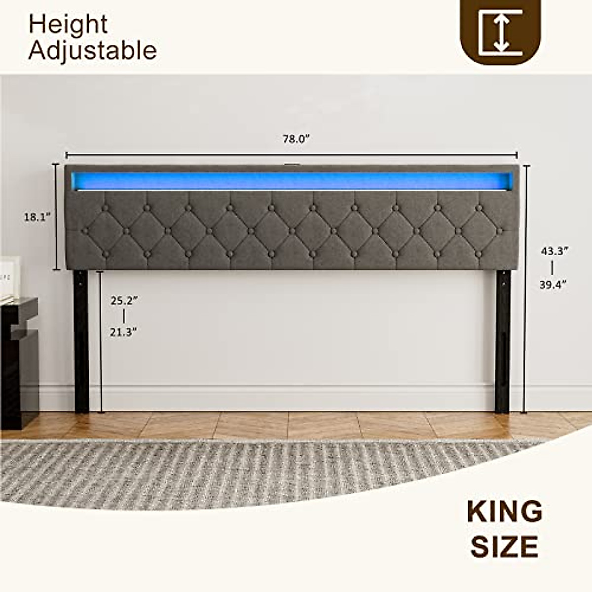 IKIFLY Upholstered King Size Headboard with 2 USB Ports & LED Lights - Adjustable Height - Button Tufted Padded Linen Fabric Headboard, Easy Assembly, King Headboard Only for Bedroom - Dark Grey