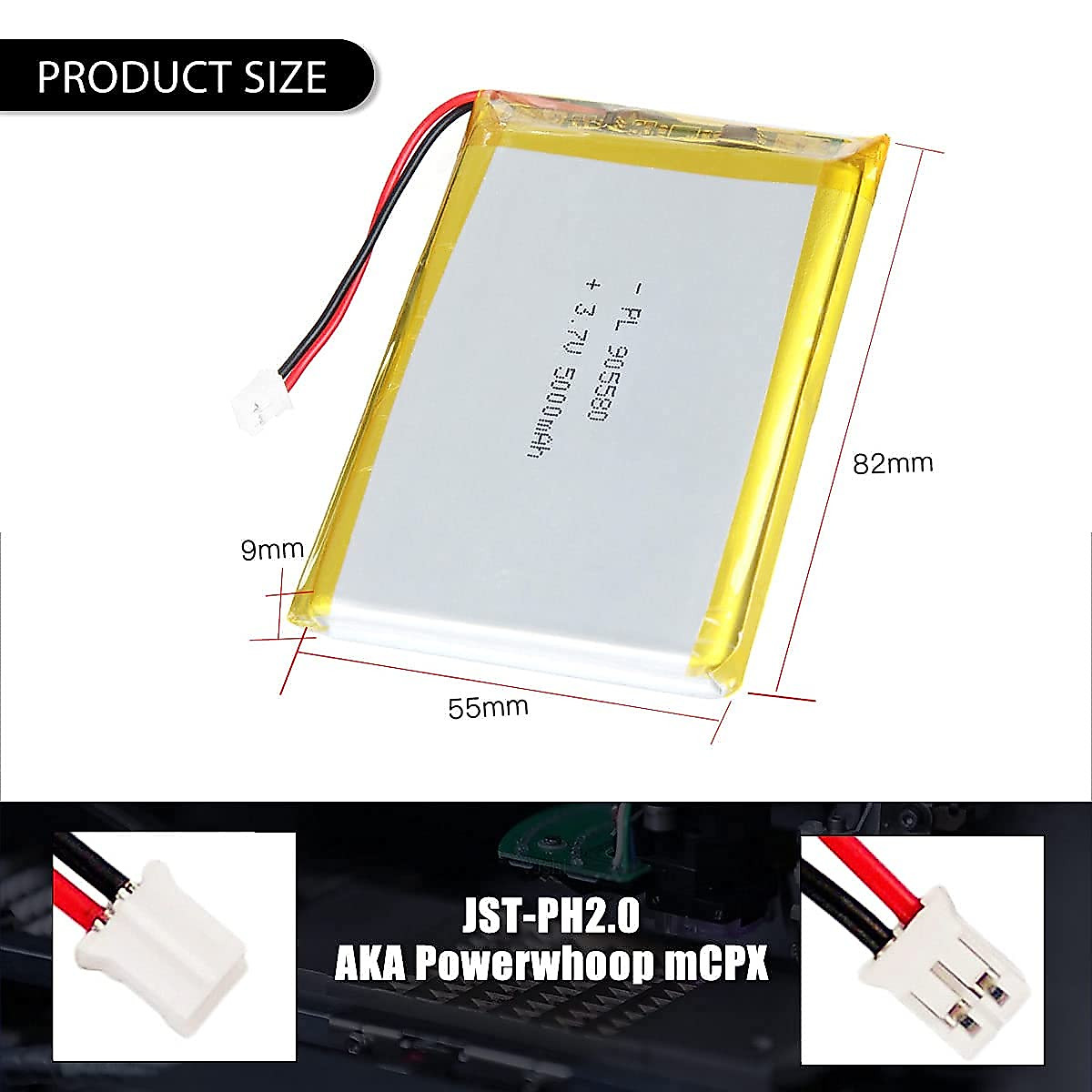 AKZYTUE 3.7V 5000mAh 905580 Lipo Battery Rechargeable Lithium Polymer ion Battery Pack with PH2.0mm JST Connector