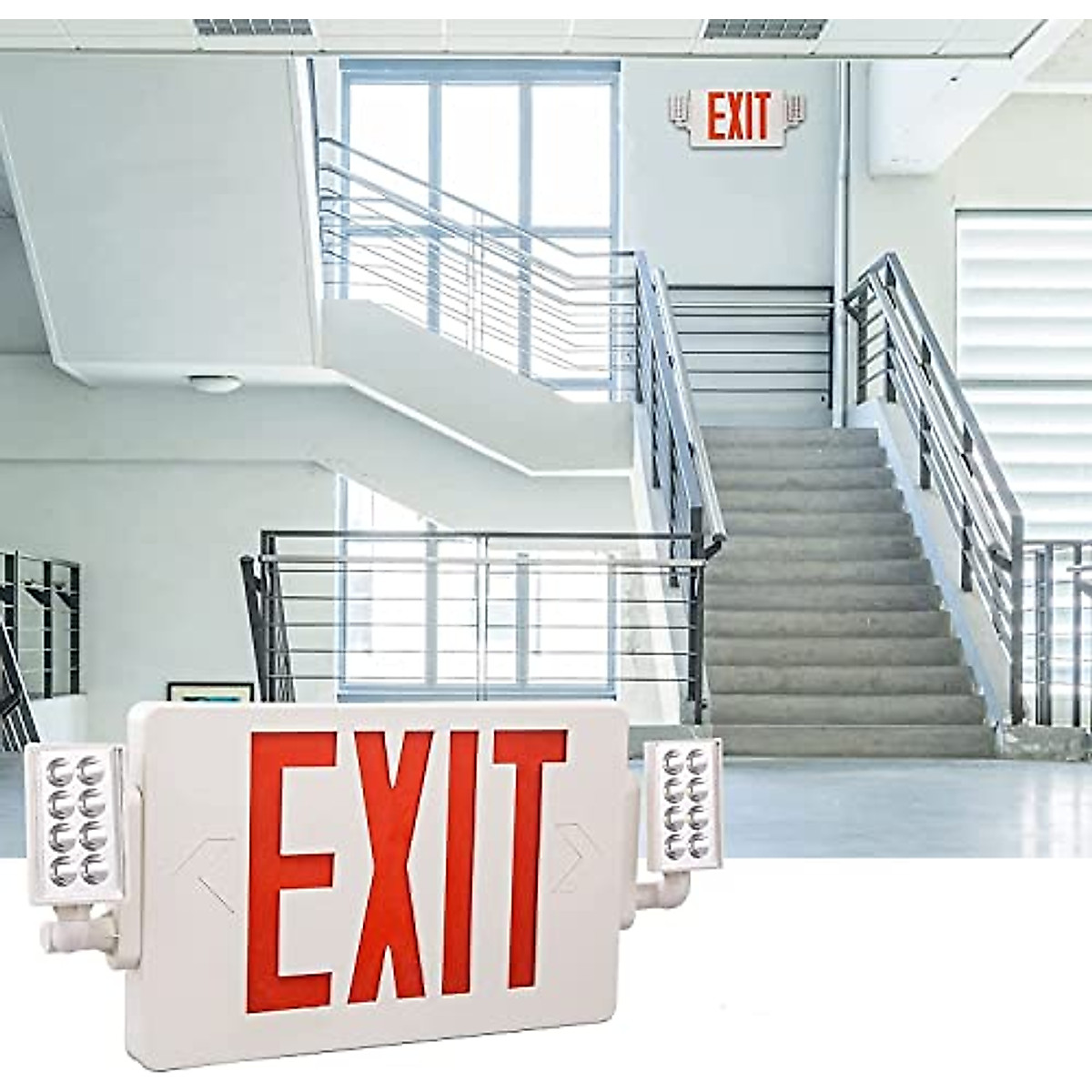 EXITLUX 4 Packs Red Exit Sign-120-277V Double Face UL Listed-LED Combo Emergency Light with Adjustable Two Head and Backup Battery-Exit Sign for Business.