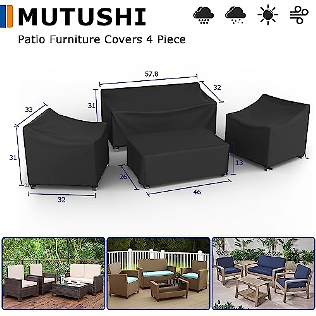 MUTUSHI Patio Furniture Cover Set 4 Piece Outdoor Furniture Cover Waterproof, 420D Heavy Duty Lawn Outdoor Patio Furniture Set Covers -Black