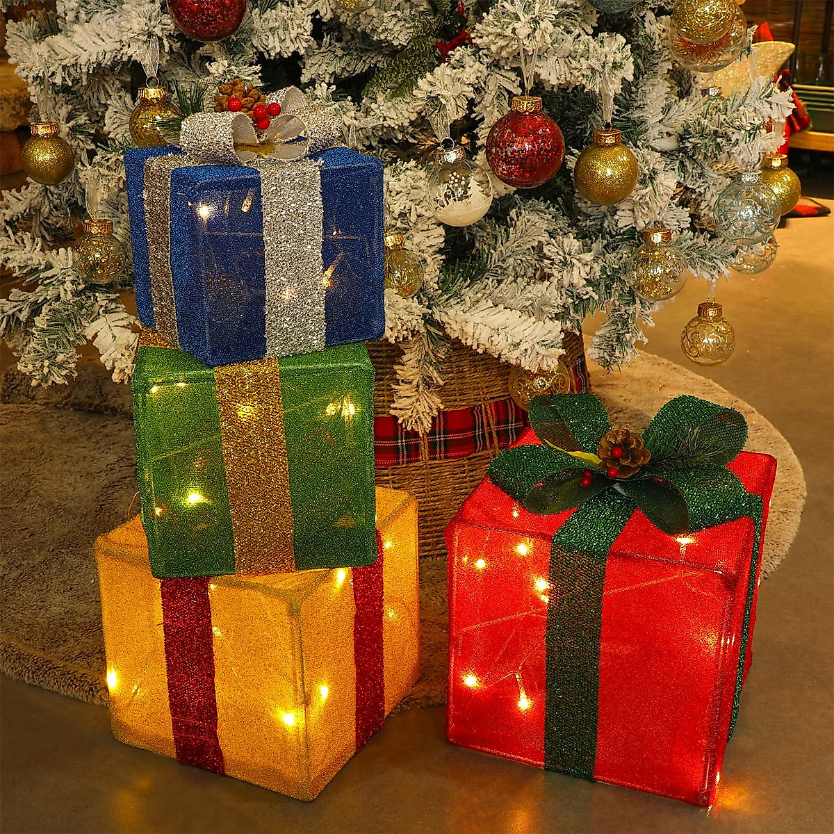 Set of 4 Christmas Lighted Gift Boxes Decorations, Pre-lit Tinsel Present Box with Bowknot(Red Green Yellow Blue), Light Up Xmas Tree Skirt Ornament, Indoor Outdoor Plug in for Home Holiday Party