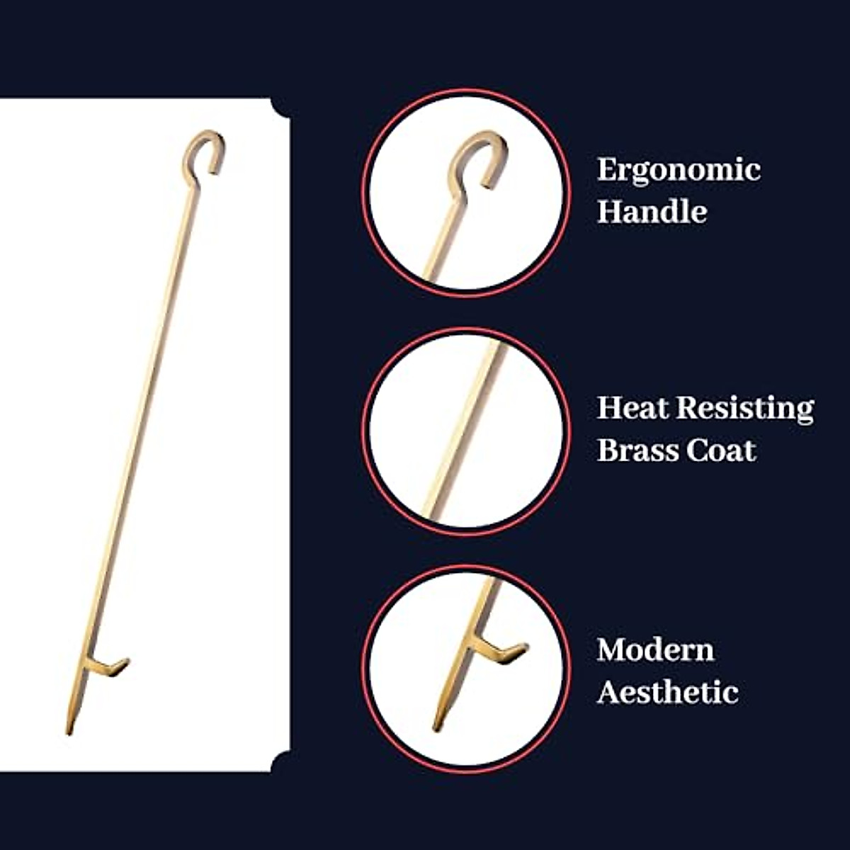 25" Brass Plated Iron Fireplace & Pit Poker, Fireplace Tool Accessory, Chimney Poker Indoor & Outdoor for Camping, Rust Resistant Finish with a Golden Touch, Fireplace Brush