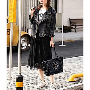 UTO Women Skull Tote Bag PU Washed Leather Rivet Studded Ladies Purse Shoulder Bag