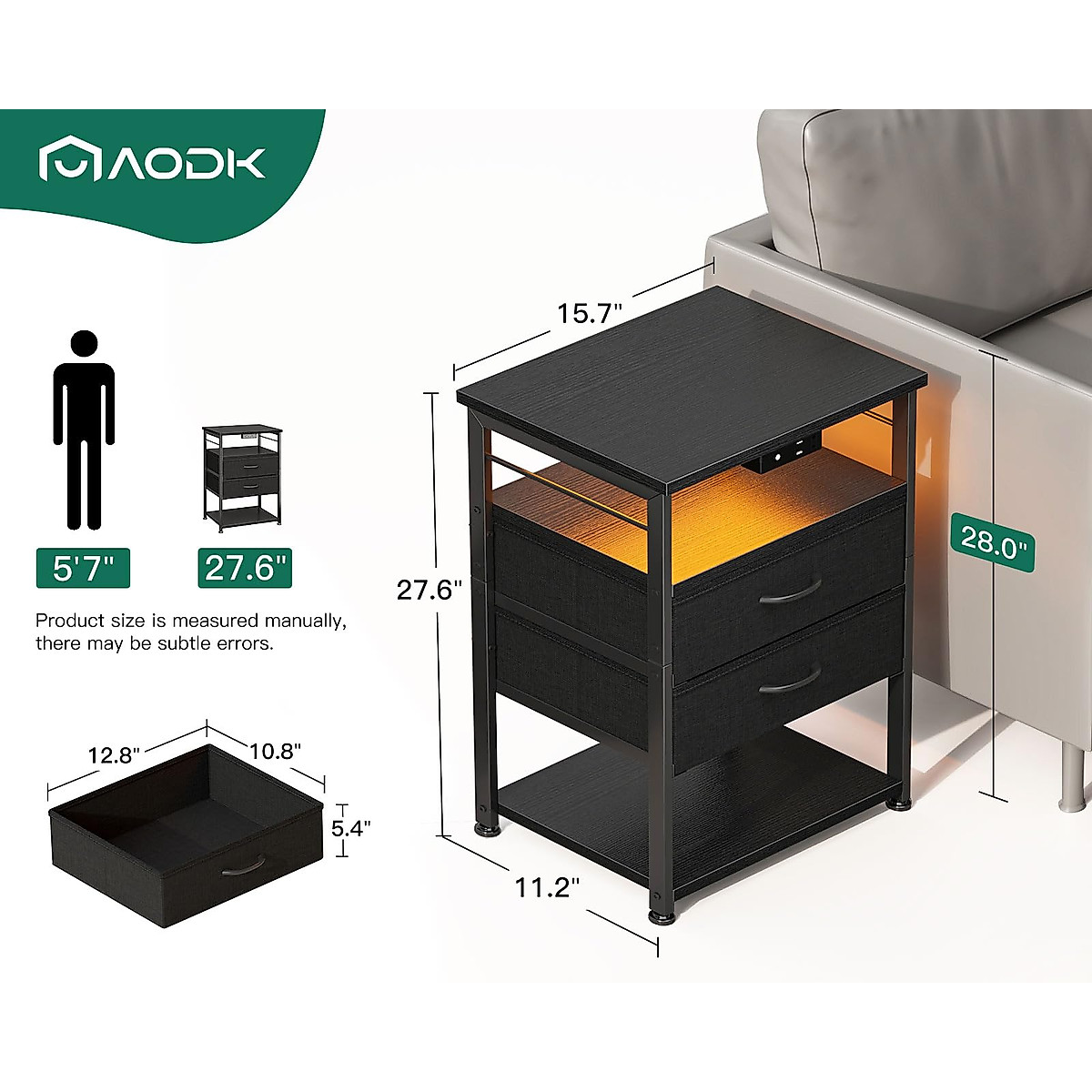 AODK Night Stand with Charging Station, End Table for Bedroom Tall Nightstand with Drawers, Small Nightstand for Bedroom, 4-Tier Storage Bedside Table, Black