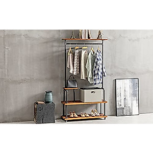 DOFURNILIM Industrial Clothing Rack, Pipe Style Rolling Garment Rack, Heavy Duty Steampunk Clothes Rack, Hall Tree on Wheels with Shelf and Shoes Storage for Home, Retail Store, Rustic Wood