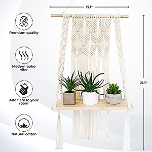 Macrame Shelf - Cute Macrame Hanging Shelf - 1 Tier Macrame Shelf Hanging Ideal for Bohemian Wall Decor to Display Plants, Artwork Pictures Books and Home Decor Items